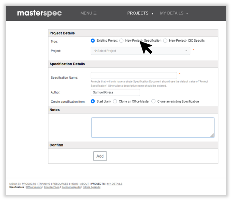 New Project Parameters When Creating New Specifications Masterspec